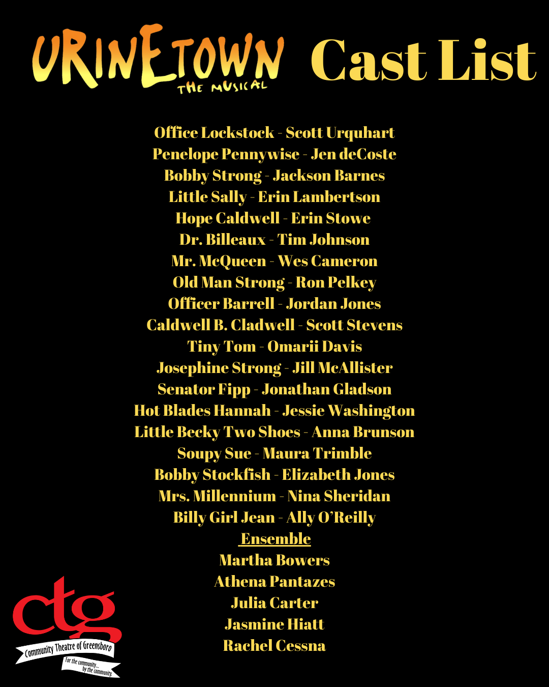 Cast List: Urinetown The Musical – Community Theatre of Greensboro
